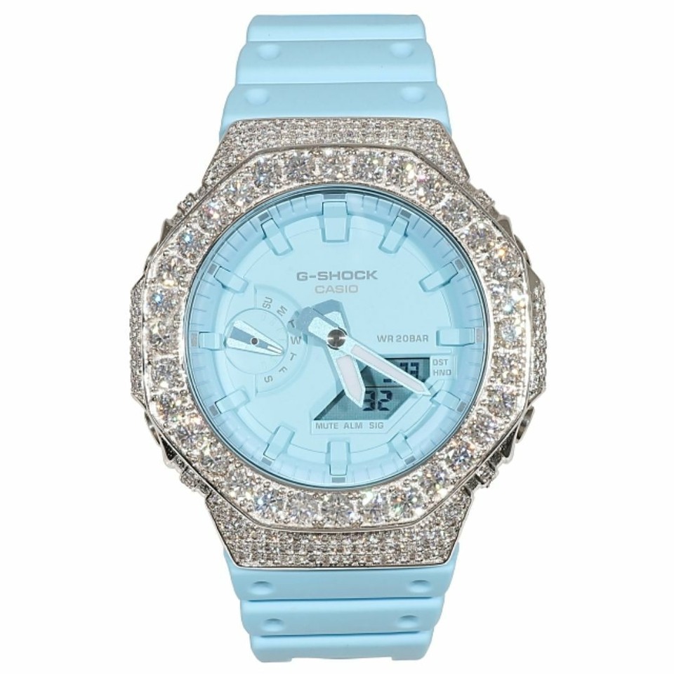 G SHOCK Custom GA2100 Moissanite .925 Silver Casioak Sky Blue with GRA ...