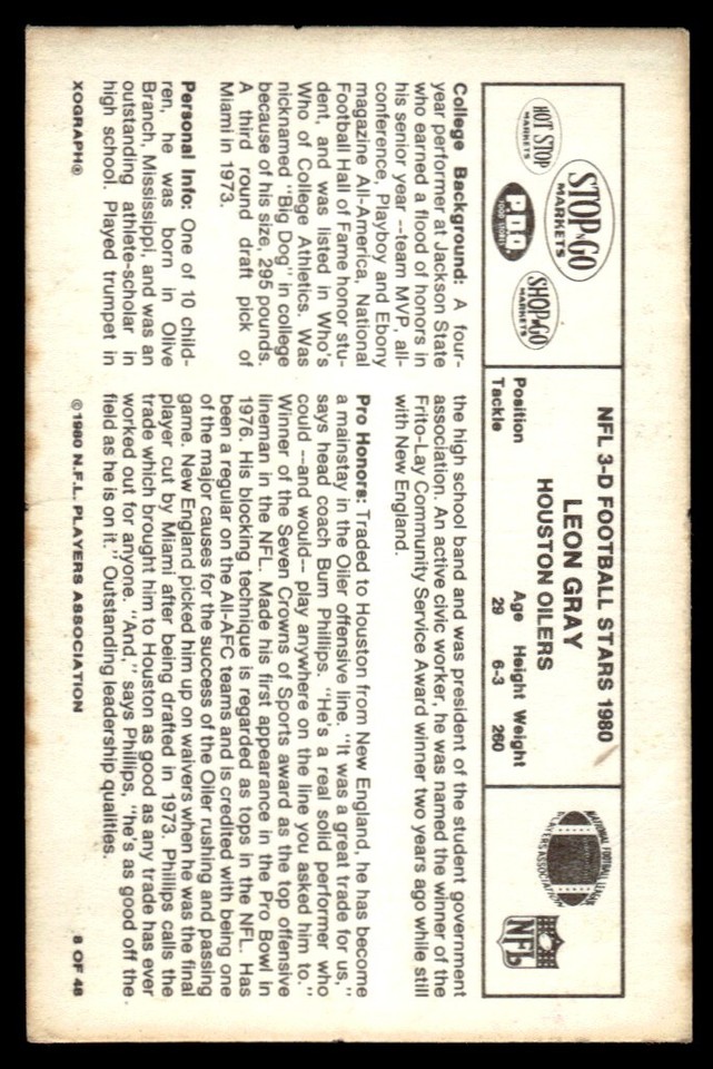 1980 STOP-N-GO 3D CARD LEON GRAY 2 HOUSTON OILERS #8 | eBay