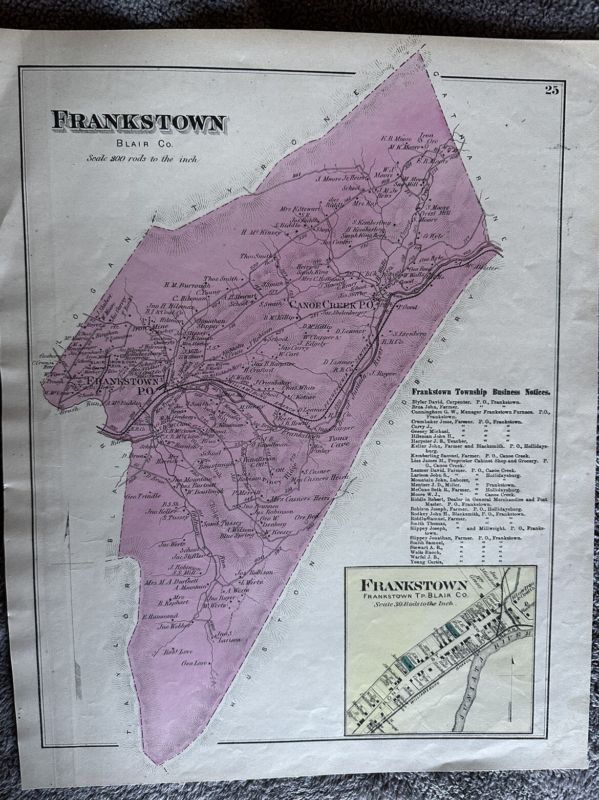 Frankstown Canoe Creek PA 1873 original colored map. Shows homeowners names. | eBay