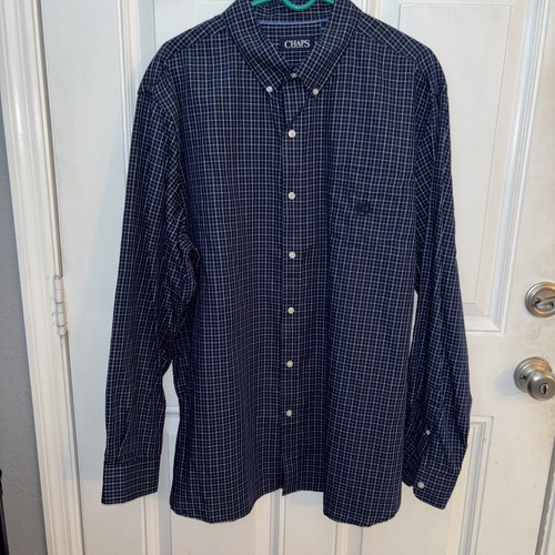 CHAPS Easy Care Blue Plaid Men's Long Sleeve Button Down Shirt 2XL XXL ...