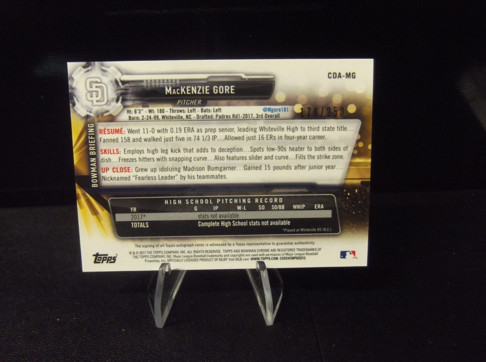 MacKENZIE GORE 2017 BOWMAN CHROME DRAFT PURPLE AUTOGRAPH REFRACTOR RC ...