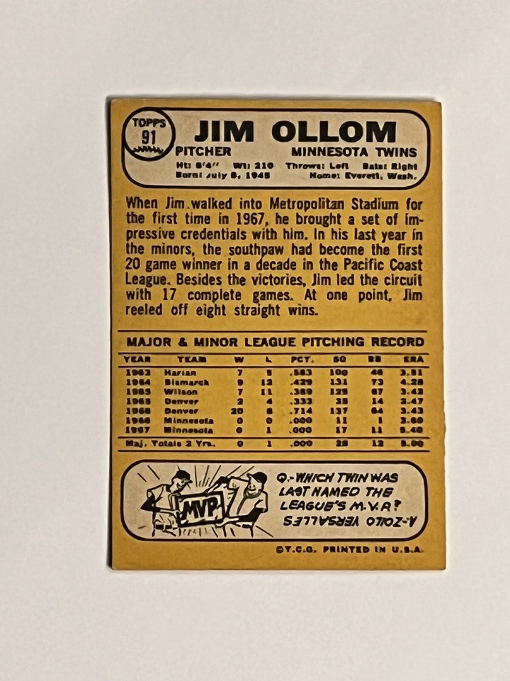 1968 Topps Jim Ollom #91 NM Minnesota Twins | eBay