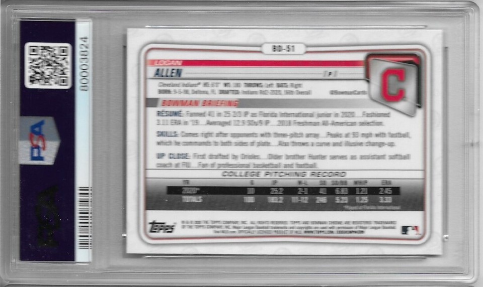 2020 Bowman Chrome Draft Sapphire Logan Allen #BD-51 1st Bowman PSA 10 ...