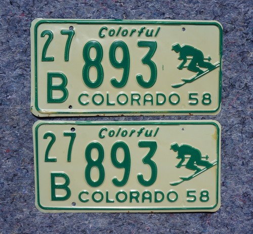 1958 COLORADO SKIER License Plate Plates PAIR / SET - Ski Winter Snow ...