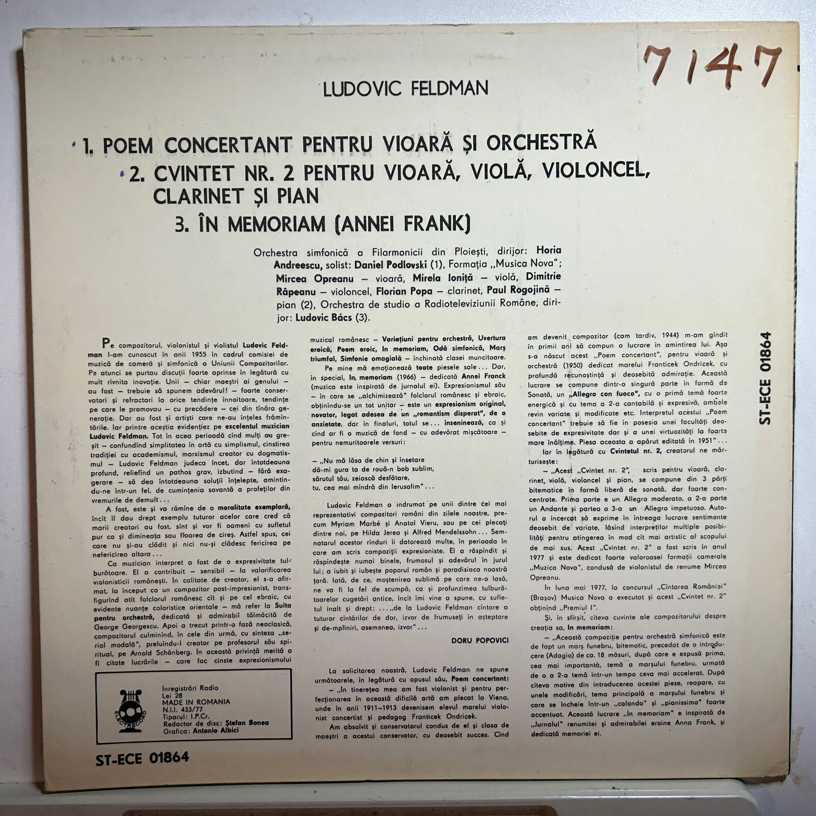 LUDOVIC FELDMAN Poem Concertant / Cvintet Nr.2 / In Memoriam ...