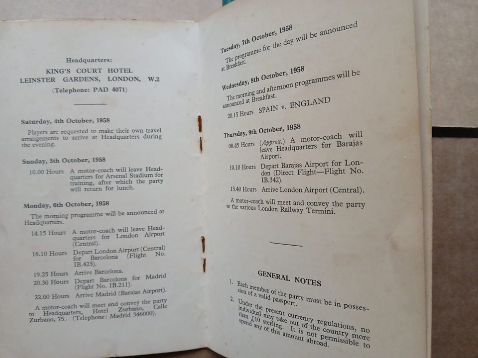 England v Spain, youth football, Madrid 1958, players itinerary Bobby ...