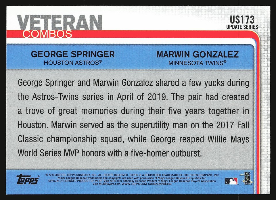 2019 Topps Update #US173 Marwin Gonzalez/George Springer | eBay