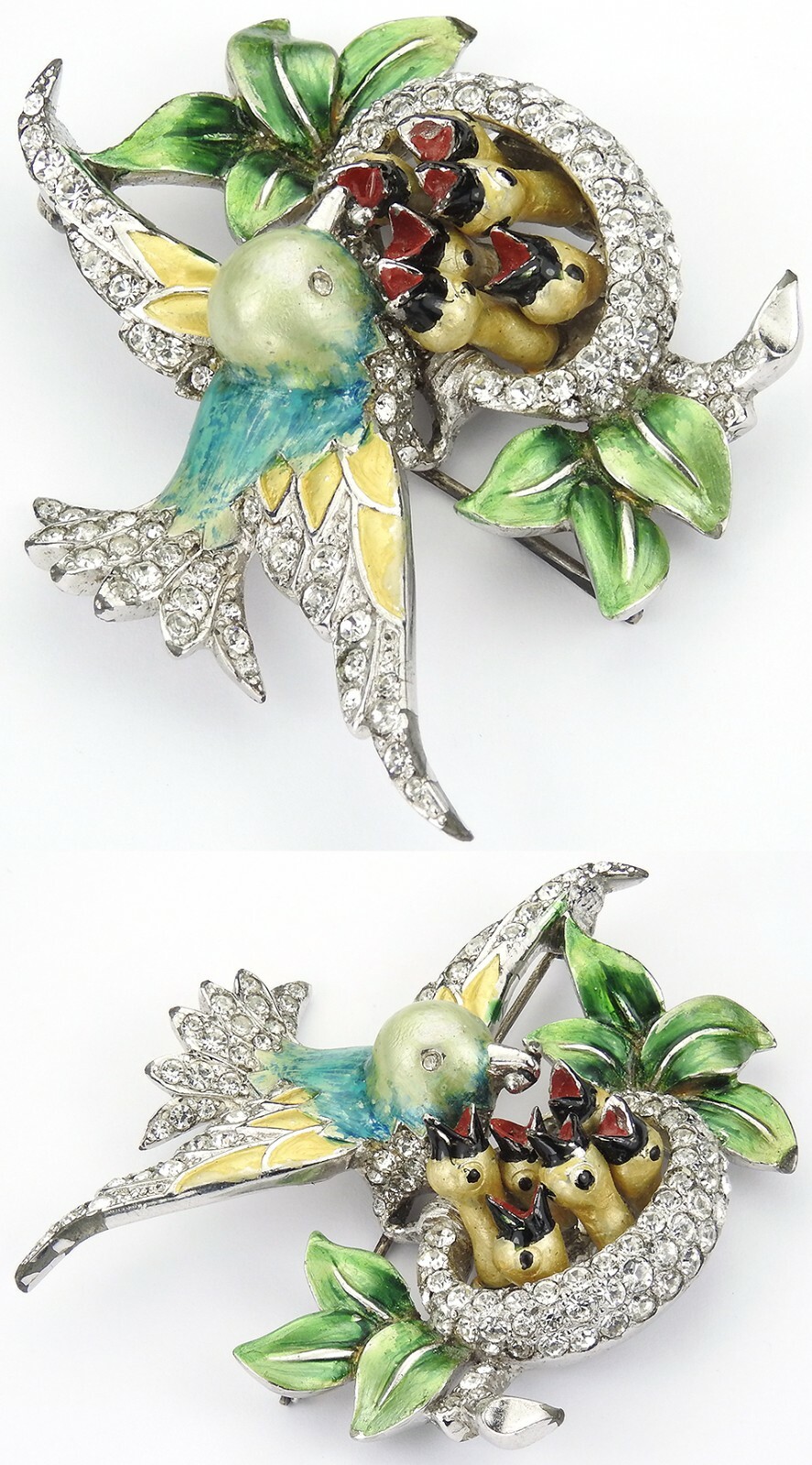 MB Boucher Pave and Metallic Enamel Mother Bird on Nest Feeding her ...