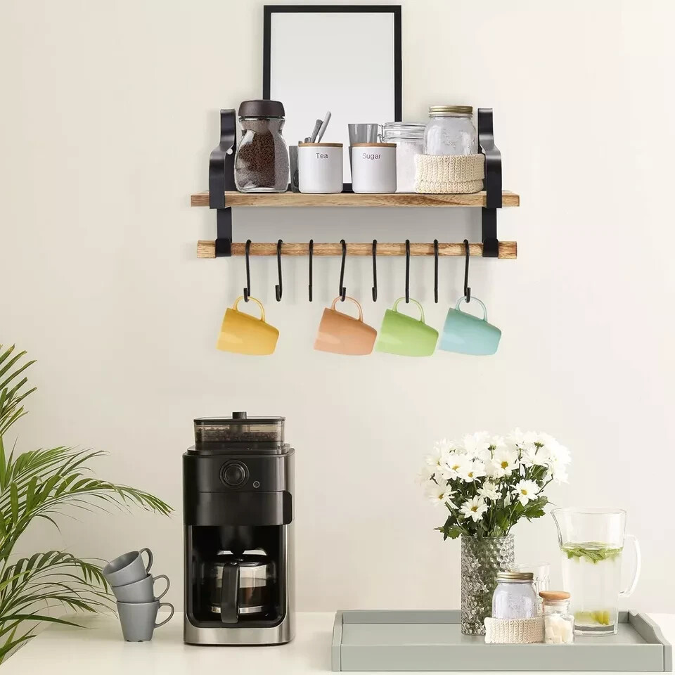 Wall Mount Coffee Mug Holder with 8 Hooks and Storage Shelf For Coffee ...