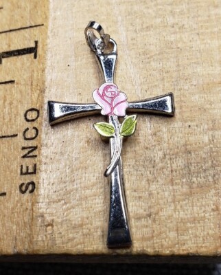 Vintage Pendant Medal Sterling Silver Cross Pink Rose Christian H45 | eBay