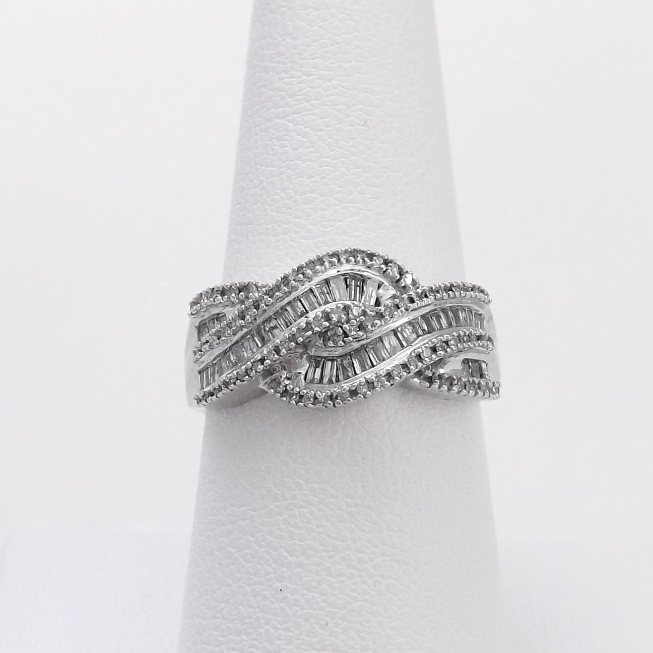 10k White Gold JWBR Criss Cross Weave 1ctw Round Baguette Diamond Band ...