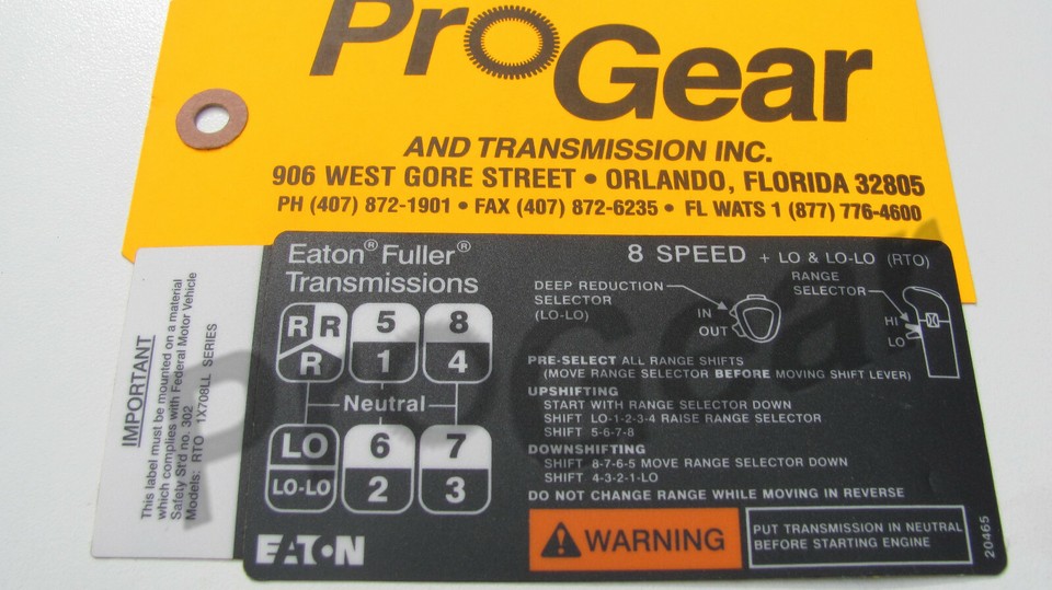 RTOF RTO 8LL speed reverse "H" shift pattern 20465 Eaton Fuller ...
