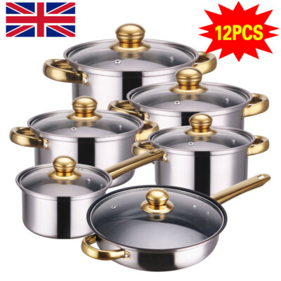 STAINLESS STEEL 12Pcs INDUCTION HOB CASSEROLE POT COOKWARE SAUCEPAN ...