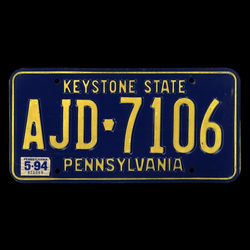 PENNSYLVANIA 1994 Passenger Car License Plate #AJD-7106 "KEYSTONE STATE ...