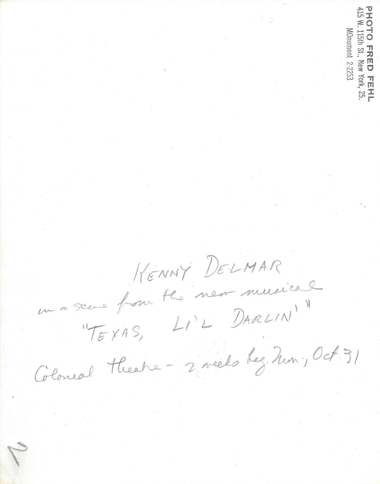 Kenny Delmar "TEXAS LI'L DARLIN" Danny Scholl 1949 Boston Tryout Press ...