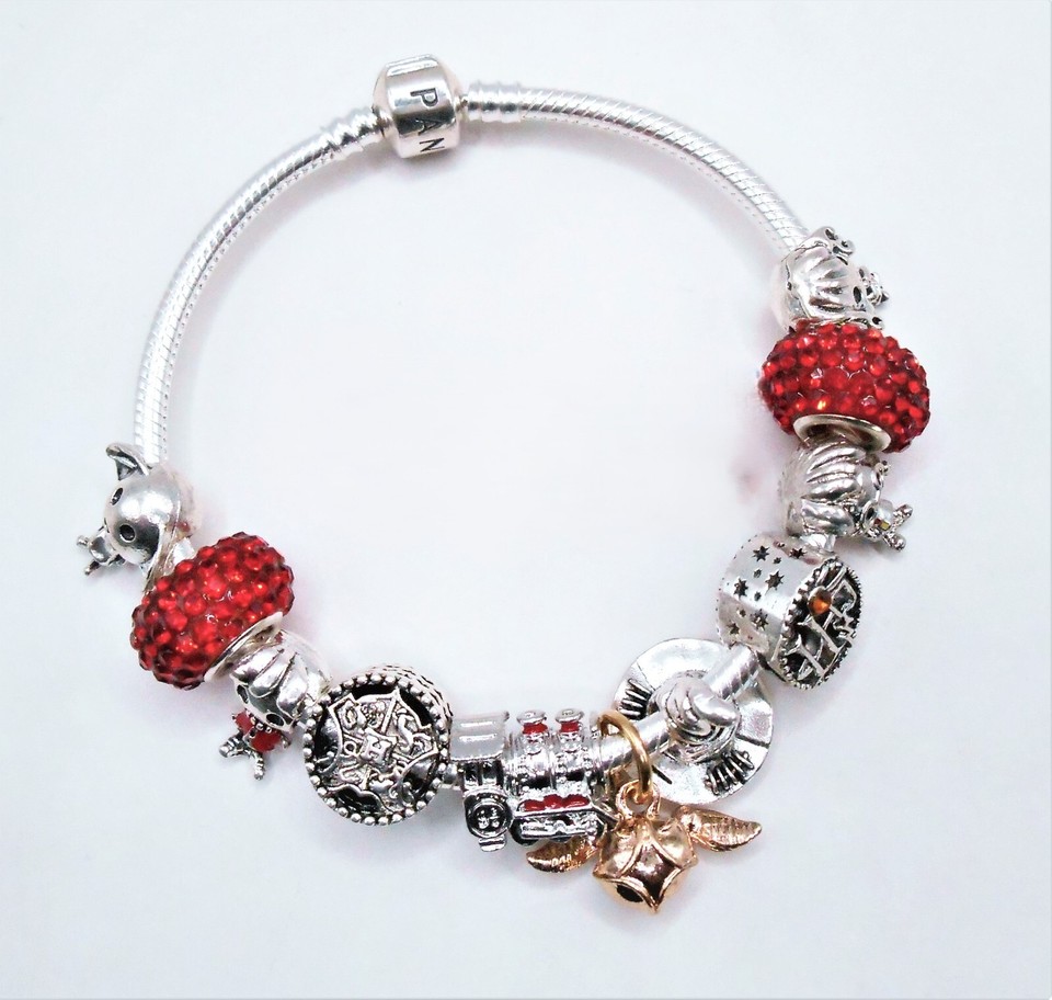 PANDORA SILVER CHARM BRACELET CASTLE TRAIN WITCH WIZARD HAT GOLDEN ...