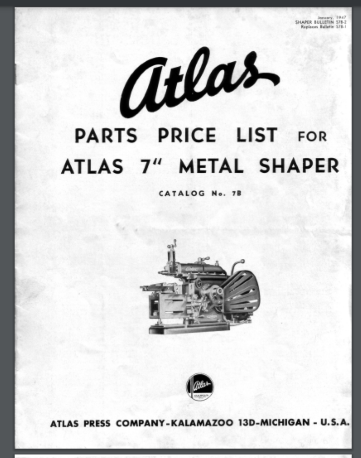 Atlas Manual 7 B Parts List Catalog 7B 16 pages 7" Shaper comb bound ...