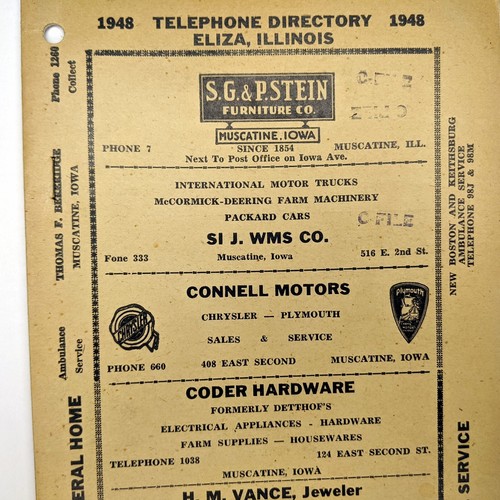 1948 Eliza Illinois Telephone Directory Muscatine IA Aledo New Boston ...
