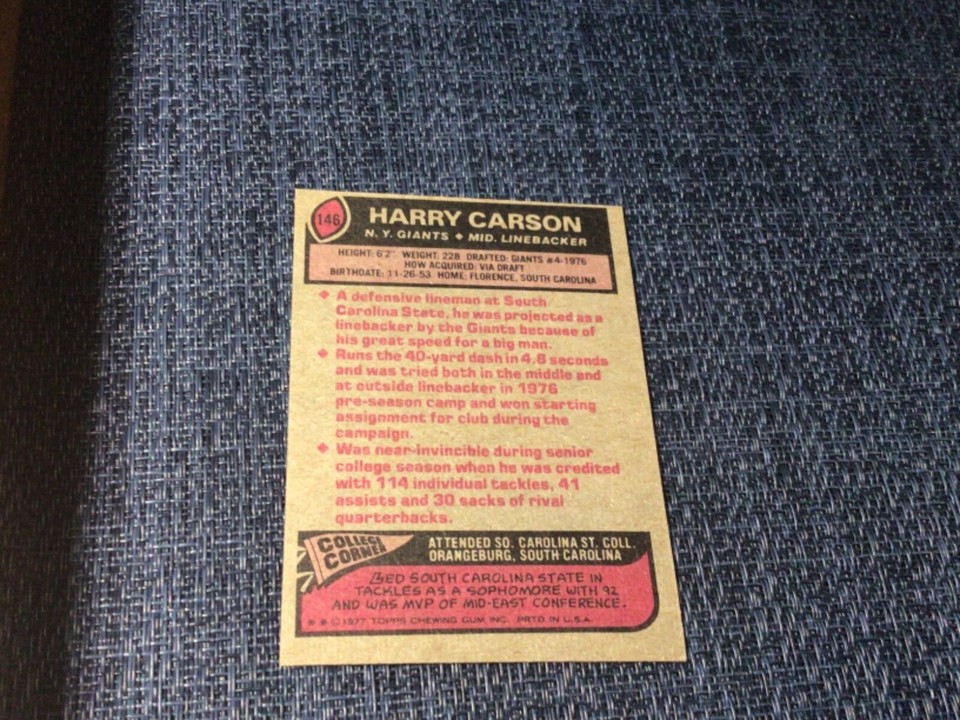 1977 Topps Football Harry Carson Rookie #146 *GIANTS* HOF | eBay