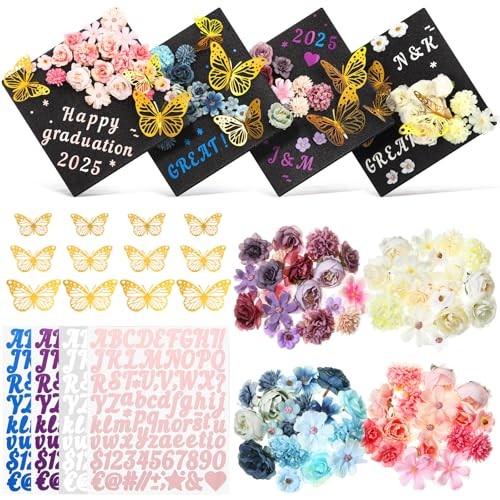 4 Sets 104 Pcs Graduation Cap Decorations Kits, Includes Faux Flower ...