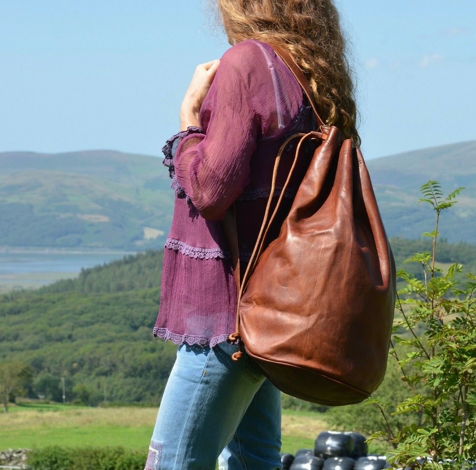 Organic Leather Drawstring Bucket Duffel Bag Backpack Rucksack Moroccan ...