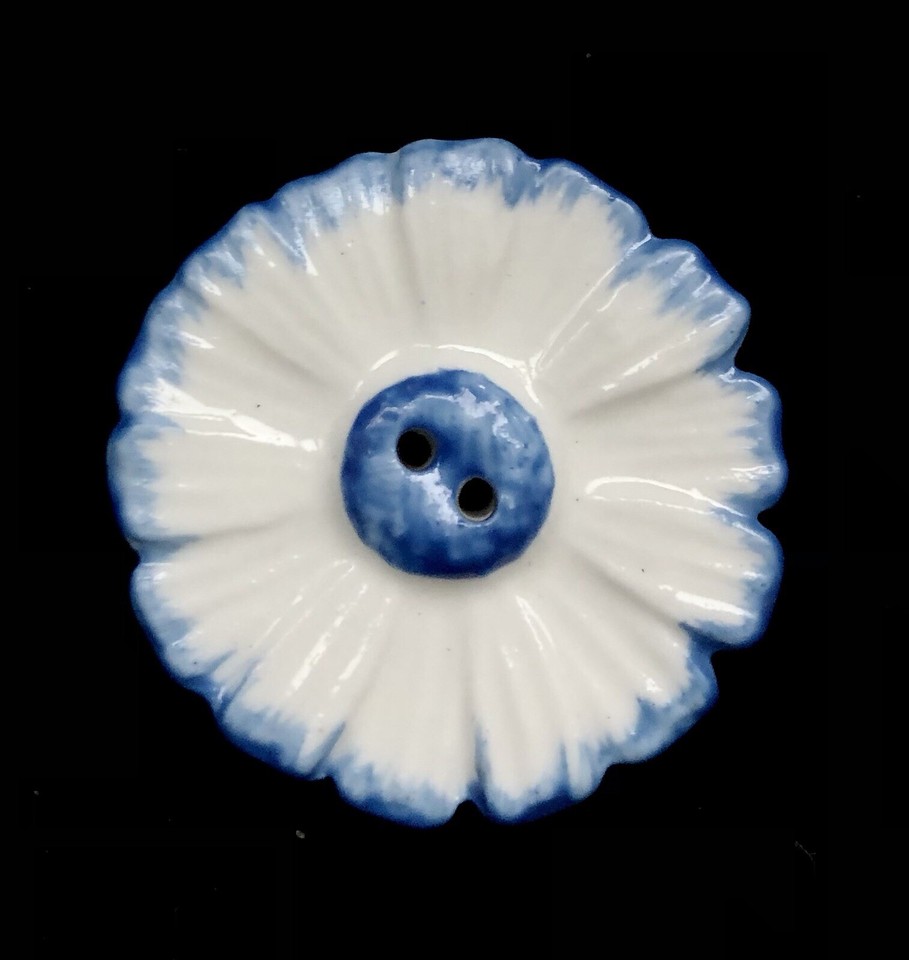Vintage 3D Ceramic Clay White & Blue Flower Button, 33mm, 2 Hole ...