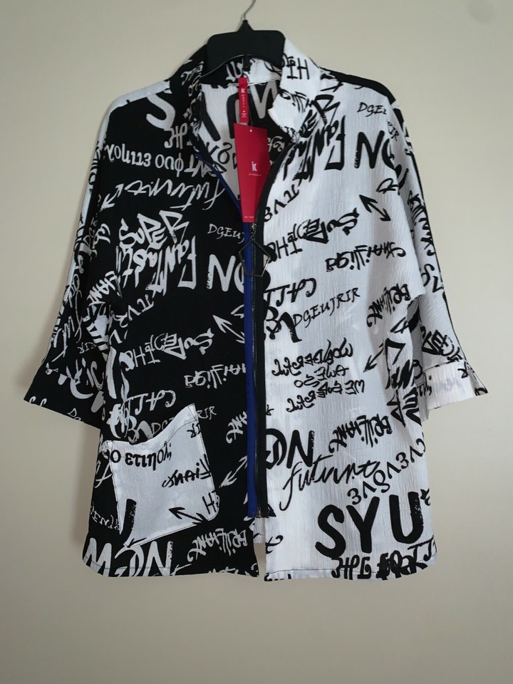 IC Collection Black White Typography Print Front Blue Zip Jacket M | eBay