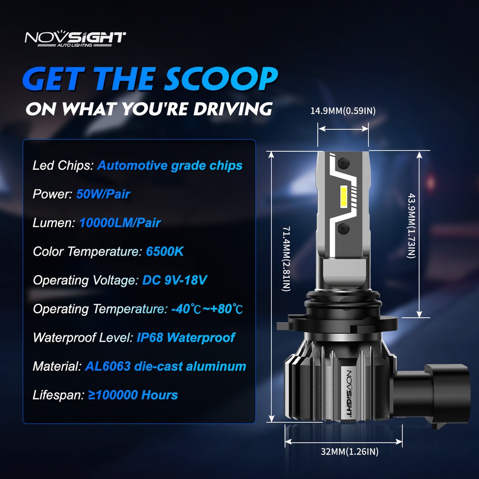 NOVSIGHT 50W 10000LM 9006 HB4 LED Headlight Bulbs Kit High Low Beam ...