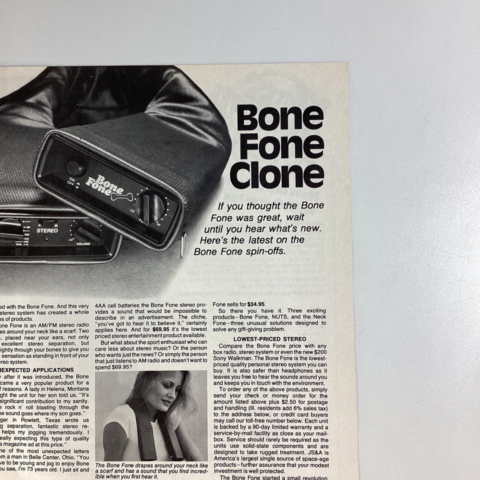 Bone Fone Print Ad Original Vintage 1981 Rare Portable Radio JS&A ...