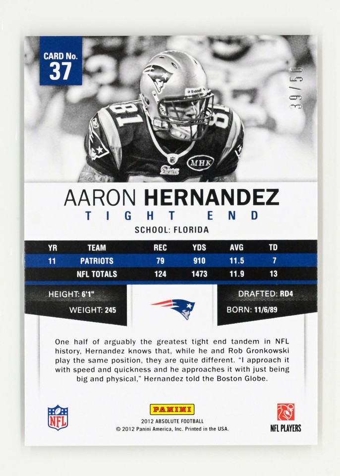 2012 Panini Absolute #37 Aaron Hernandez /50 Spectrum Silver Patriots ...