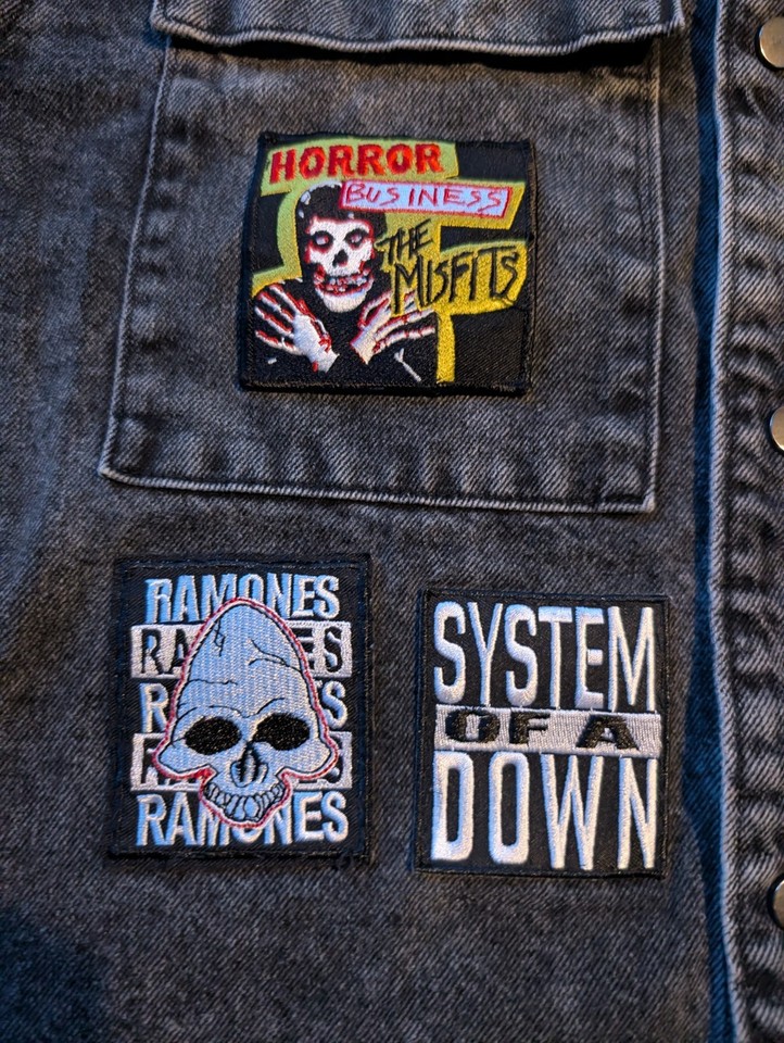 Black Denim Punk Rock Band Patch Vest Metalhead Grunge Cut Off Jacket ...