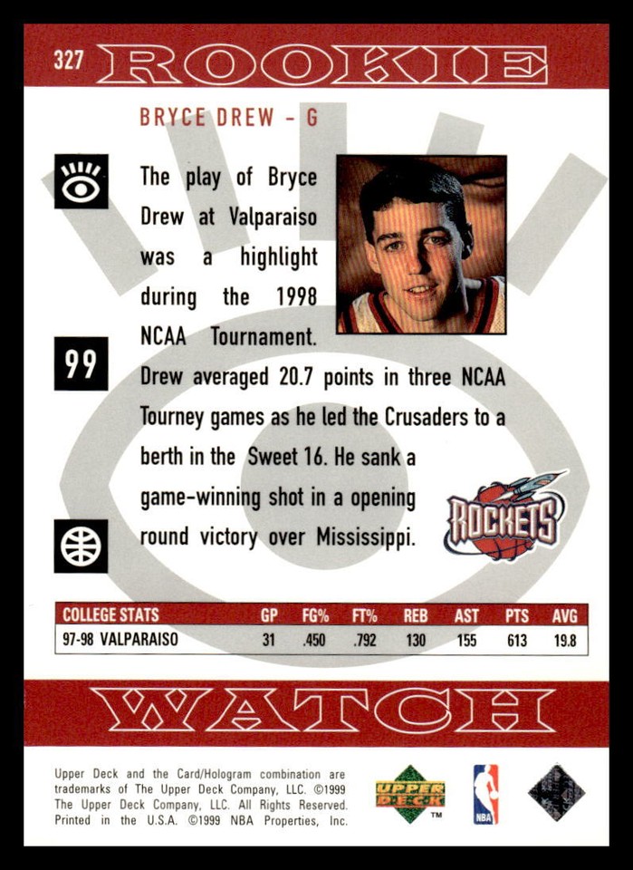 Bryce Drew 1998-99 Upper Deck #327 Houston Rockets RC Basketball Card ...