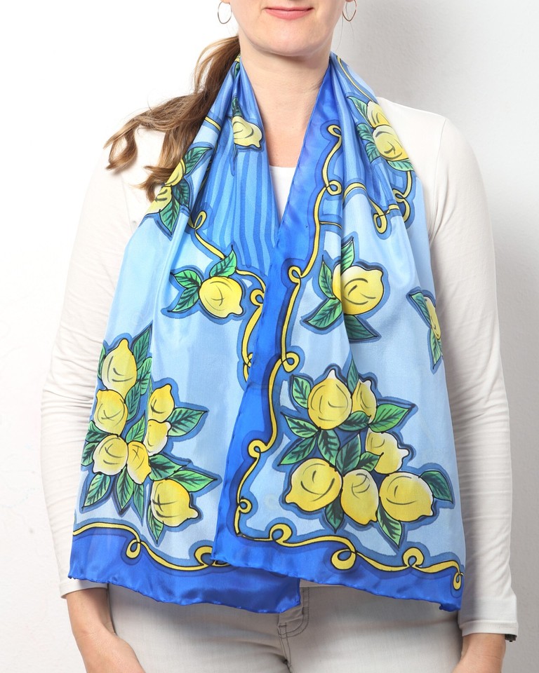 Lemon Hand Painted Blue Silk Scarf Lemon Summer Scarf Positano Gift ...
