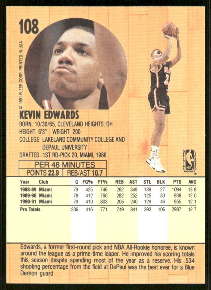 1991-92 Fleer #108 Kevin Edwards | eBay