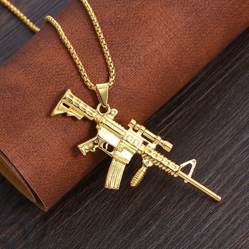 Men's Gold Submachine Gun Pendant Necklace Chain Punk Retro Rock ...
