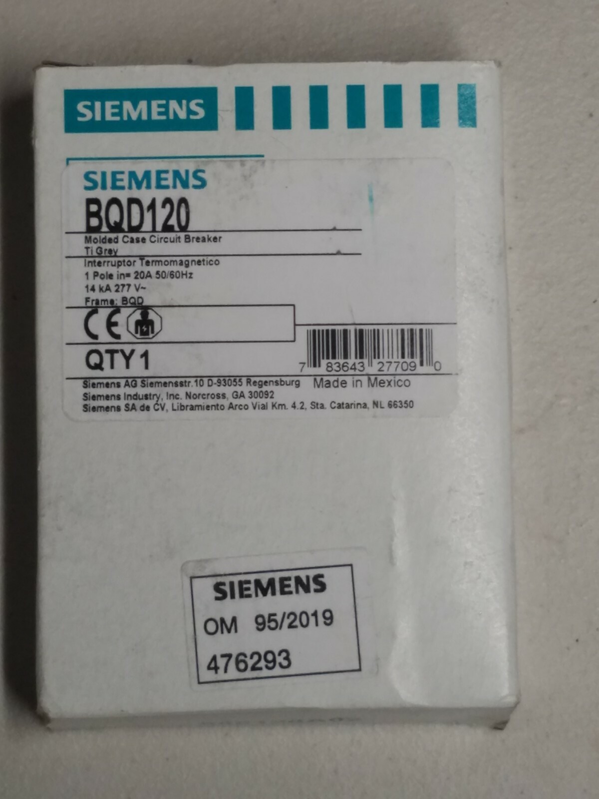 SIEMENS / ITE BQD120 CIRCUIT BREAKER BOLT-ON 1 POLE 20 AMP 277 VAC ...