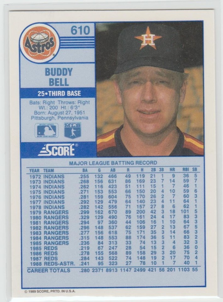 1989 Score #610 Buddy Bell - Houston Astros | eBay