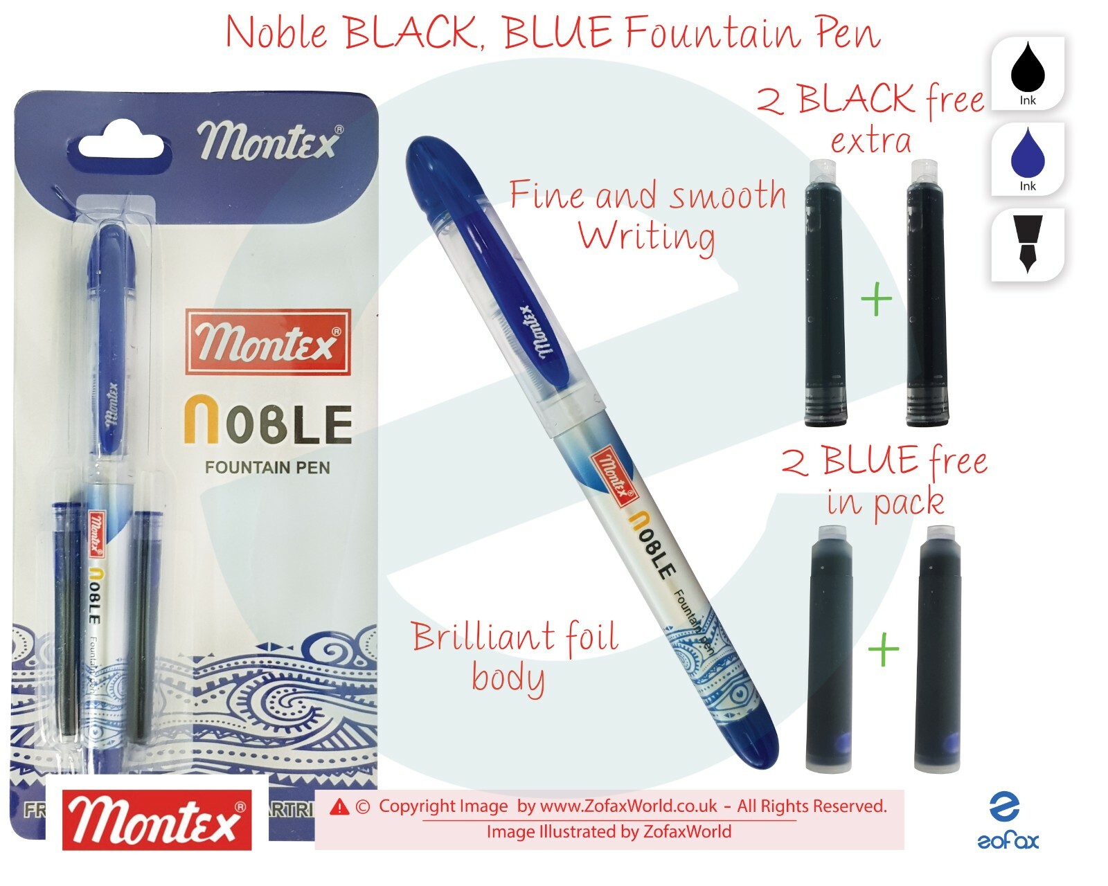 MONTEX Noble Fountain Pen Set BLACK BLUE Ink With Cartridges Medium Nib ...