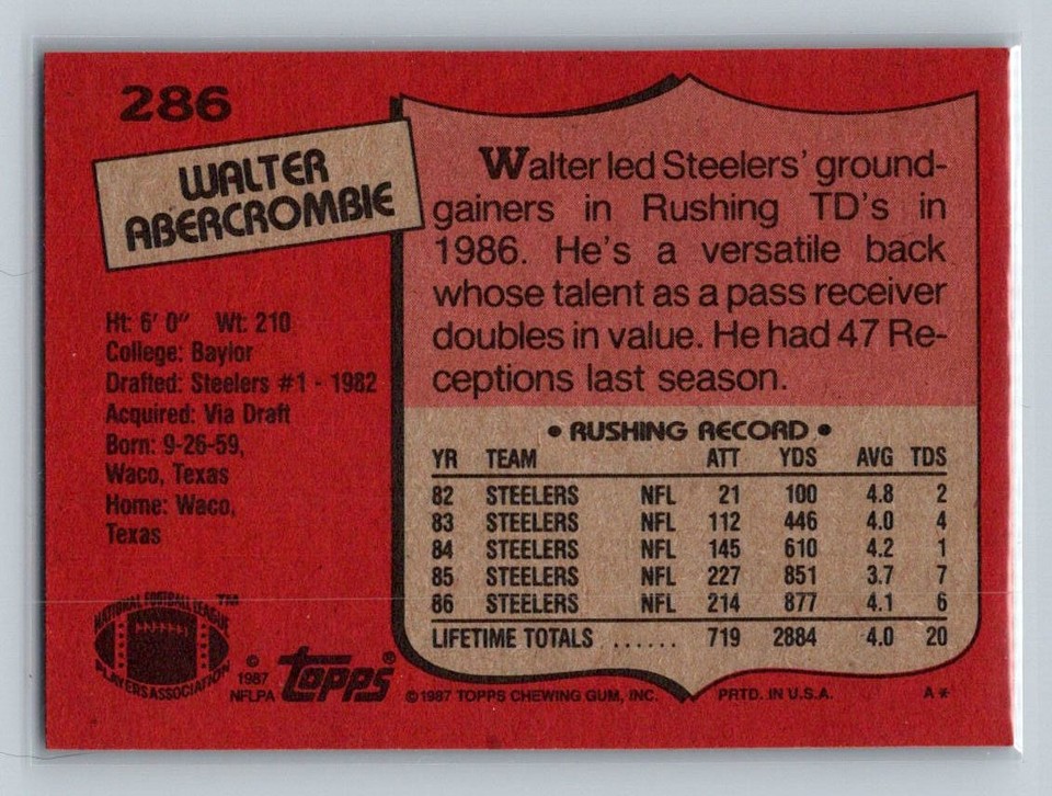 1987 Topps #286 Walter Abercrombie Pittsburgh Steelers | eBay
