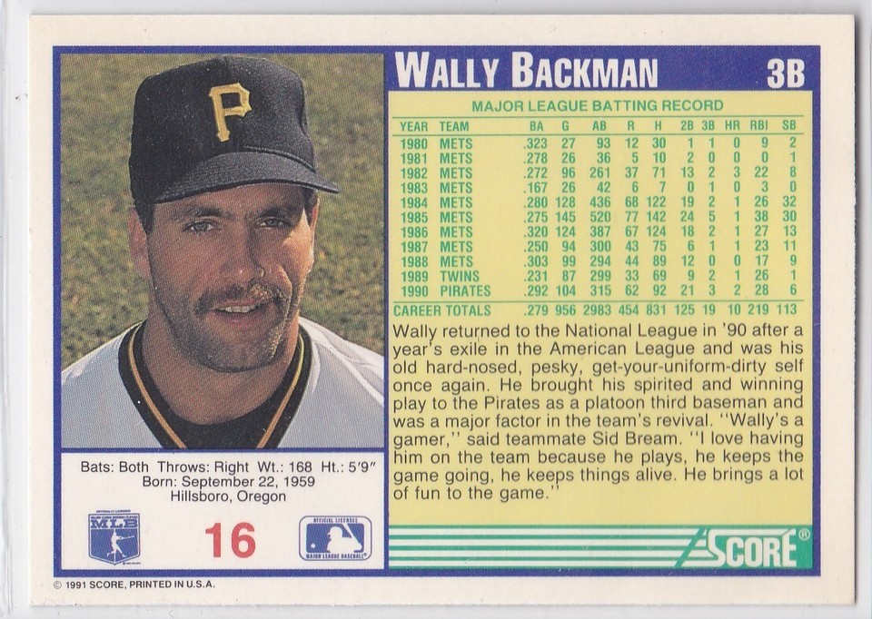 M) 1991 Score Baseball Trading Card - Wally Backman #16 | eBay
