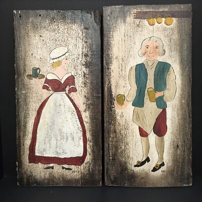Primitive Folk Art Colonial Innkeeper & Wife Painted Barn Wood 19.5 ...