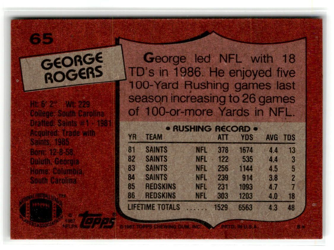 1987 Topps Football #65 George Rogers Washington Redskins | eBay