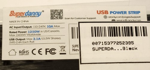 SEALED SUPERDANNY 900J 5 Outlet 3 USB Power Strip Surge Protector 110 ...