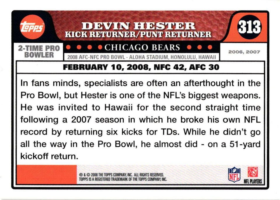 2008 Topps #313 Devin Hester PB | eBay