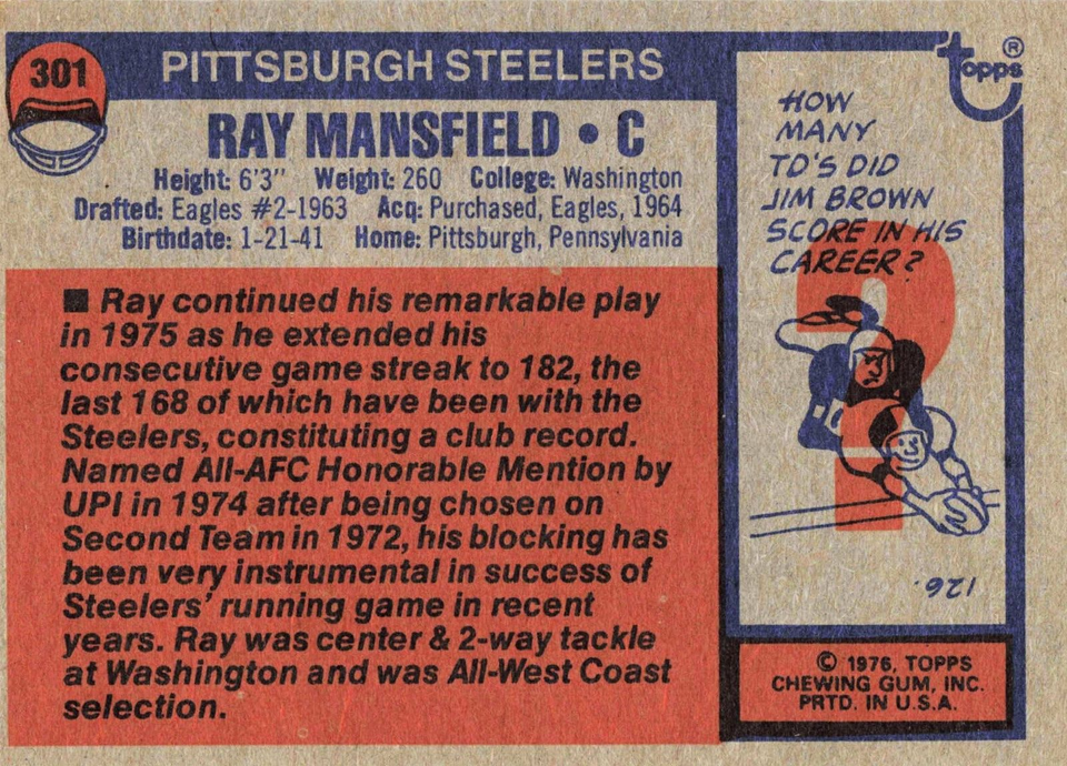 1976 Topps Football Ray Mansfield Pittsburgh Steelers #301 | eBay