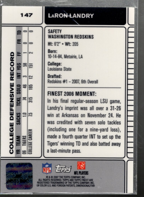 A5287- 2007 Finest Rookie Autographs #147 LaRon Landry E Auto - NM-MT ...