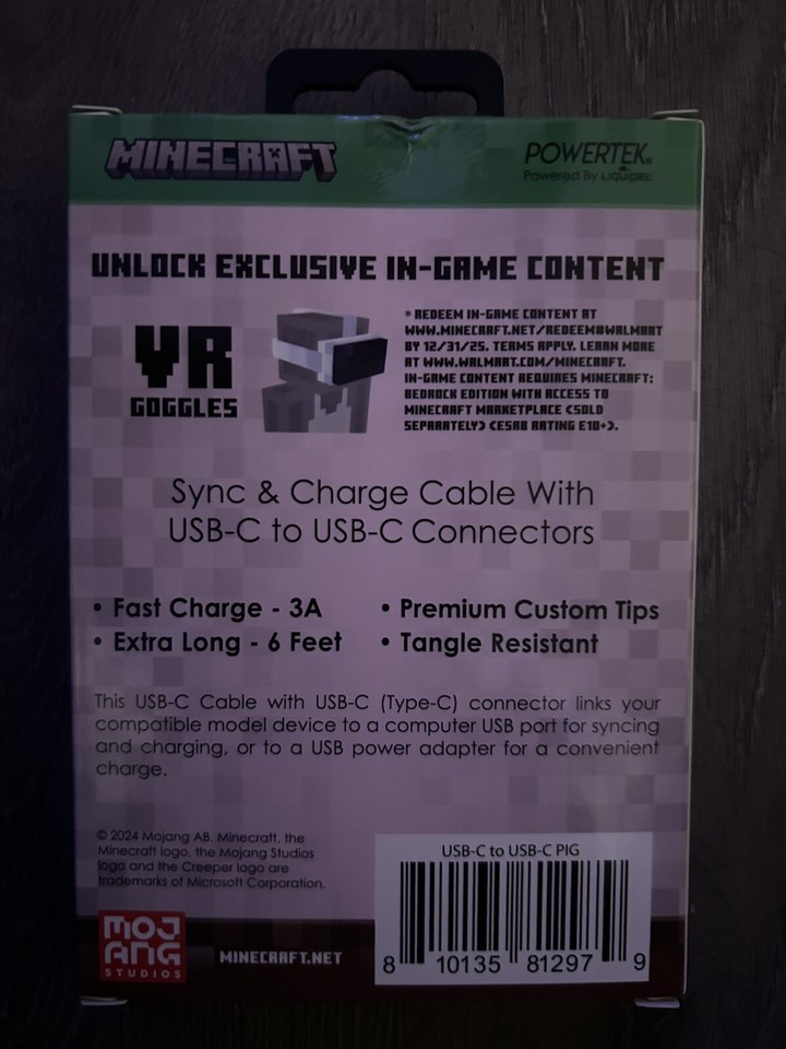 Minecraft Powertek USB-C to USB-C 6ft Creeper Charger Cord Fast Charge ...