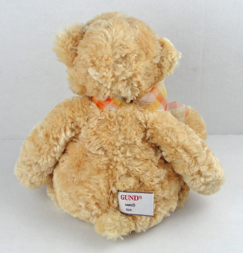 Gund Manni Tan Teddy Bear Plush Stuffed Animal Orange Plaid Bow 13 Inch ...