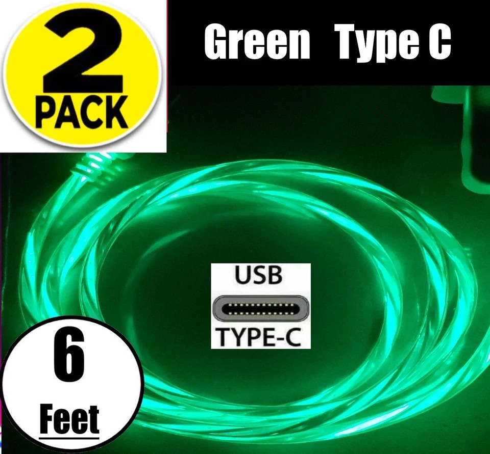 2 PACK LED 6FT Fast Charge USB-C to USB-A Charging Cable Colorful Light ...