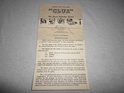 *Parts Only* *Instruction Book* 1949/1950 Clue 1st Edition Detective ...